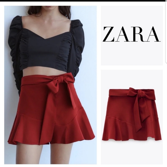 Zara | Skirts | Zara Redburgandy Ruffle Tie Bow Skirt Skort | Poshmark
